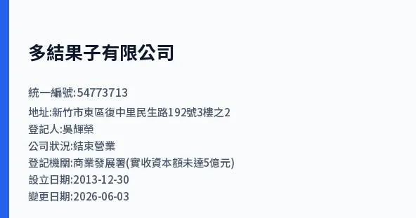 多結果子有限公司的照片-統編 54773713(新竹市) 公司登記資料與營業項目詳細圖表
