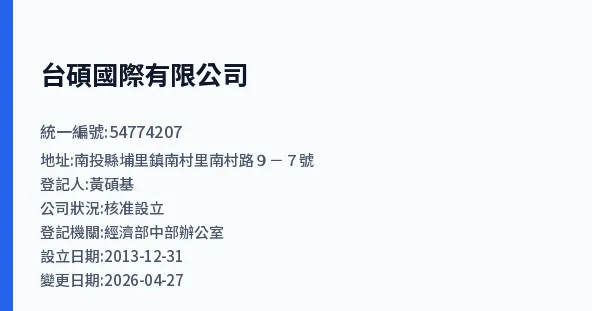 台碩國際有限公司的照片-統編 54774207(南投縣) 公司登記資料與營業項目詳細圖表