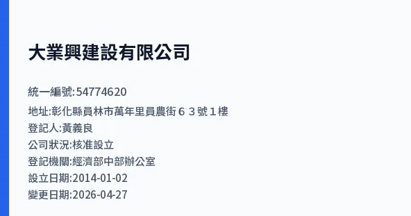 大業興建設有限公司的照片-統編 54774620(彰化縣) 公司登記資料與營業項目詳細圖表