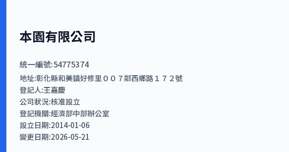 本園有限公司的照片-統編 54775374(彰化縣) 公司登記資料與營業項目詳細圖表