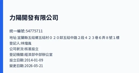 力陽開發有限公司的照片-統編 54775711(宜蘭縣) 公司登記資料與營業項目詳細圖表