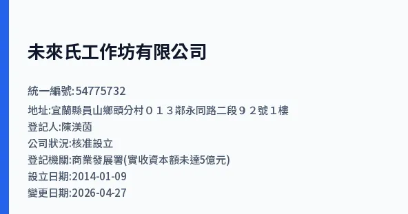 未來氏工作坊有限公司的照片-統編 54775732(宜蘭縣) 公司登記資料與營業項目詳細圖表