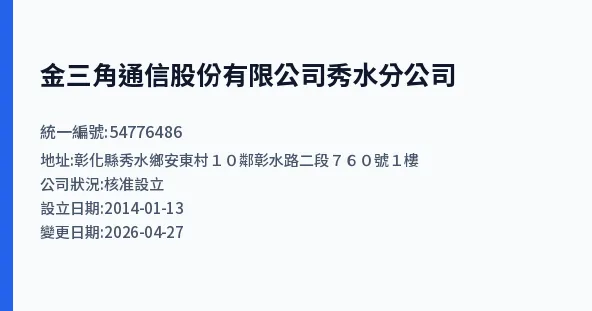 金三角通信股份有限公司秀水分公司的照片-統編 54776486(彰化縣) 公司登記資料與營業項目詳細圖表