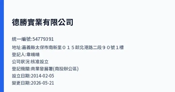 德勝實業有限公司的照片-統編 54779391(嘉義縣) 公司登記資料與營業項目詳細圖表