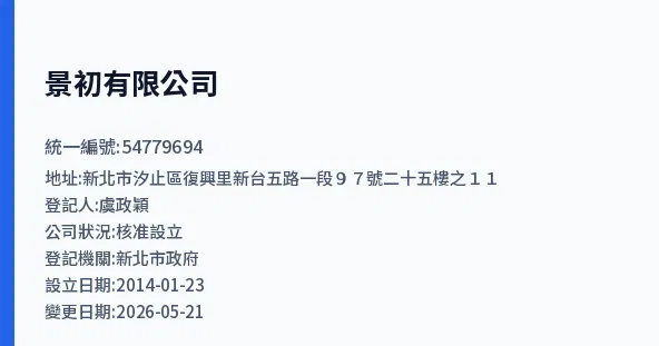 景初有限公司的照片-統編 54779694(新北市) 公司登記資料與營業項目詳細圖表