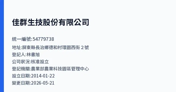 佳群生技股份有限公司的照片-統編 54779738(屏東縣) 公司登記資料與營業項目詳細圖表