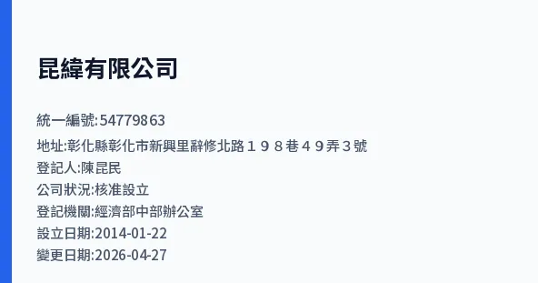 昆緯有限公司的照片-統編 54779863(彰化縣) 公司登記資料與營業項目詳細圖表