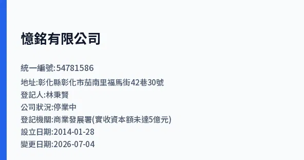 憶銘有限公司的照片-統編 54781586(彰化縣) 公司登記資料與營業項目詳細圖表