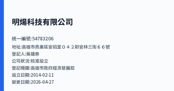 明煬科技有限公司的照片-統編 54783206(高雄市) 公司登記資料與營業項目詳細圖表