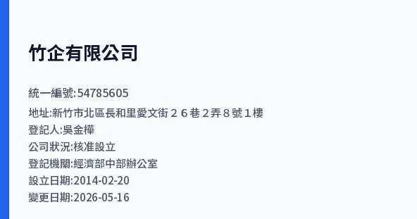 竹企有限公司的照片-統編 54785605(新竹市) 公司登記資料與營業項目詳細圖表