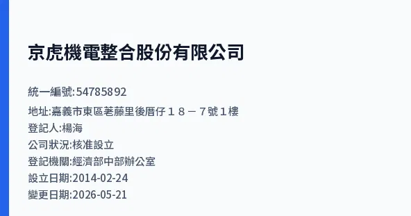 京虎機電整合股份有限公司的照片-統編 54785892(嘉義市) 公司登記資料與營業項目詳細圖表