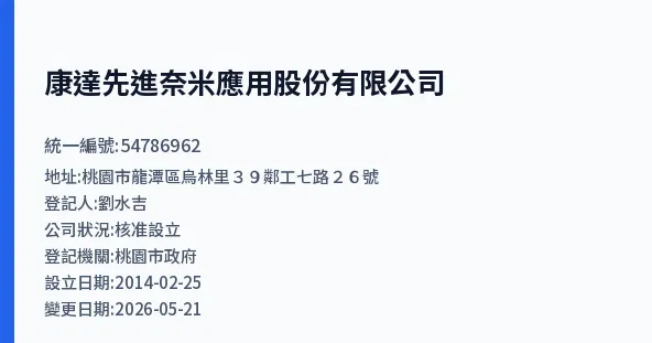 康達先進奈米應用股份有限公司的照片-統編 54786962(桃園市) 公司登記資料與營業項目詳細圖表