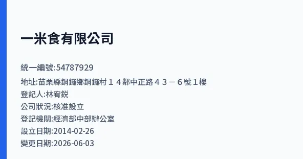 一米食有限公司的照片-統編 54787929(苗栗縣) 公司登記資料與營業項目詳細圖表