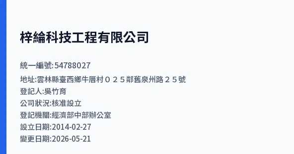 梓綸科技工程有限公司的照片-統編 54788027(雲林縣) 公司登記資料與營業項目詳細圖表