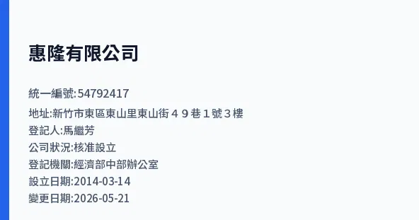 惠隆有限公司的照片-統編 54792417(新竹市) 公司登記資料與營業項目詳細圖表