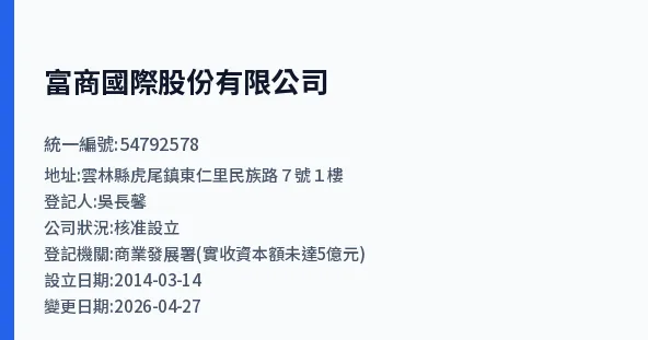 富商國際股份有限公司的照片-統編 54792578(雲林縣) 公司登記資料與營業項目詳細圖表