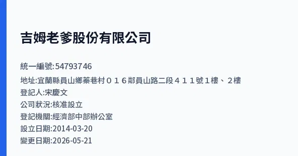 吉姆老爹股份有限公司的照片-統編 54793746(宜蘭縣) 公司登記資料與營業項目詳細圖表