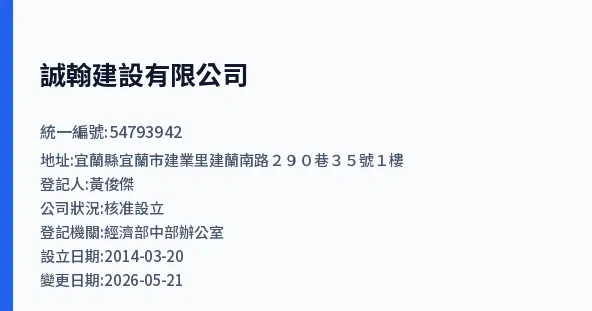 誠翰建設有限公司的照片-統編 54793942(宜蘭縣) 公司登記資料與營業項目詳細圖表