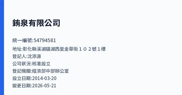 銪泉有限公司的照片-統編 54794581(彰化縣) 公司登記資料與營業項目詳細圖表