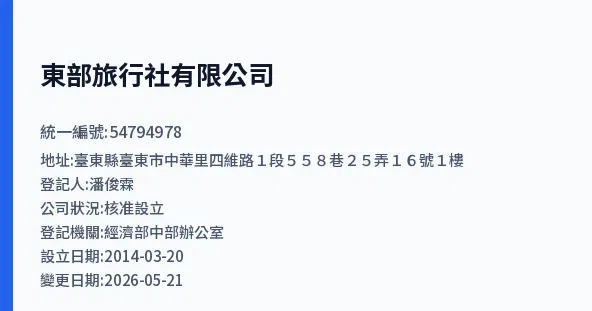 東部旅行社有限公司的照片-統編 54794978(臺東縣) 公司登記資料與營業項目詳細圖表