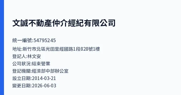 文誠不動產仲介經紀有限公司的照片-統編 54795245(新竹市) 公司登記資料與營業項目詳細圖表