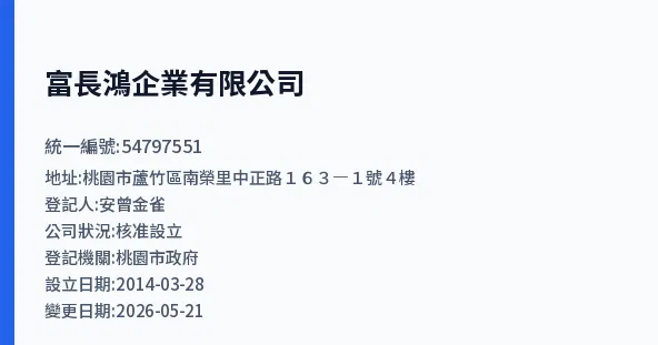 富長鴻企業有限公司的照片-統編 54797551(桃園市) 公司登記資料與營業項目詳細圖表