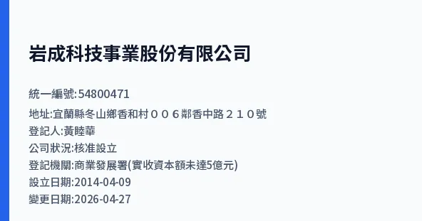 岩成科技事業股份有限公司的照片-統編 54800471(宜蘭縣) 公司登記資料與營業項目詳細圖表