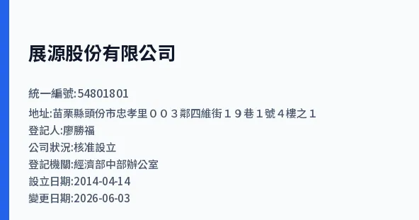 展源股份有限公司的照片-統編 54801801(苗栗縣) 公司登記資料與營業項目詳細圖表