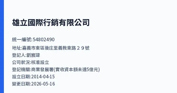 雄立國際行銷有限公司的照片-統編 54802490(嘉義市) 公司登記資料與營業項目詳細圖表