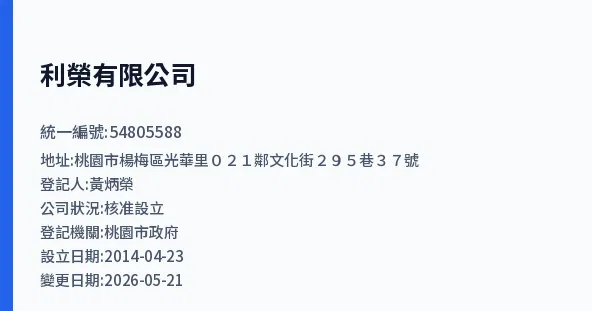 利榮有限公司的照片-統編 54805588(桃園市) 公司登記資料與營業項目詳細圖表