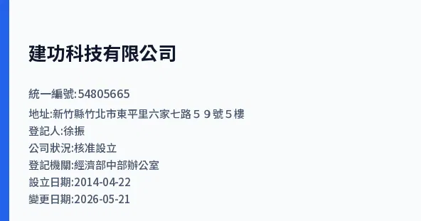 建功科技有限公司的照片-統編 54805665(新竹縣) 公司登記資料與營業項目詳細圖表