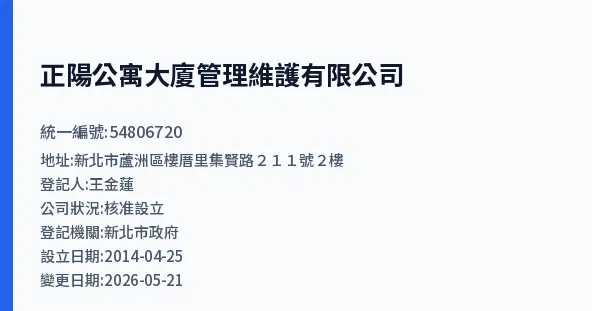 正陽公寓大廈管理維護有限公司的照片-統編 54806720(新北市) 公司登記資料與營業項目詳細圖表