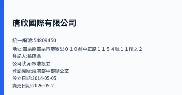 唐欣國際有限公司的照片-統編 54809450(苗栗縣) 公司登記資料與營業項目詳細圖表