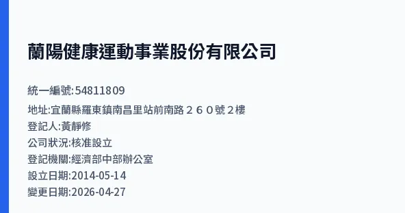 蘭陽健康運動事業股份有限公司的照片-統編 54811809(宜蘭縣) 公司登記資料與營業項目詳細圖表
