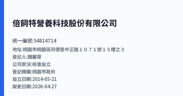 倍飼特營養科技股份有限公司的照片-統編 54814714(桃園市) 公司登記資料與營業項目詳細圖表