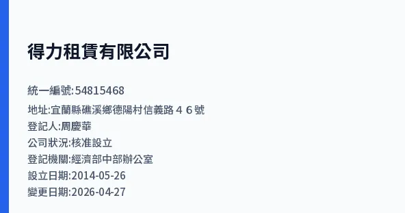 得力租賃有限公司的照片-統編 54815468(宜蘭縣) 公司登記資料與營業項目詳細圖表
