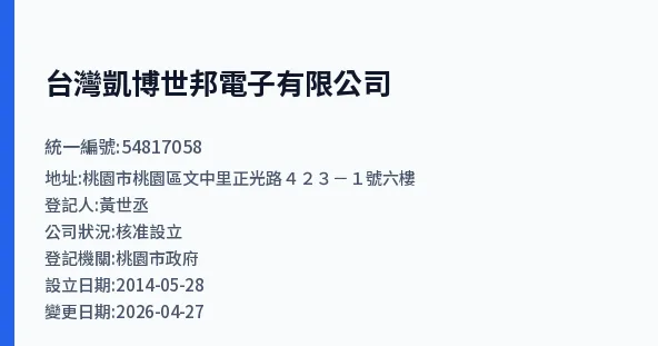 台灣凱博世邦電子有限公司的照片-統編 54817058(桃園市) 公司登記資料與營業項目詳細圖表