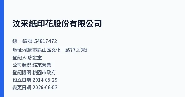 汶采紙印花股份有限公司的照片-統編 54817472(桃園市) 公司登記資料與營業項目詳細圖表