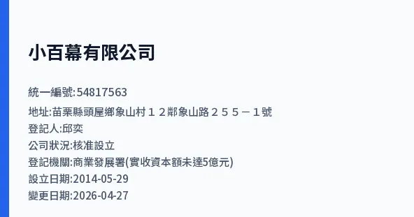 小百幕有限公司的照片-統編 54817563(苗栗縣) 公司登記資料與營業項目詳細圖表