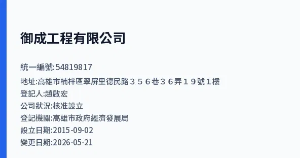 御成工程有限公司的照片-統編 54819817(高雄市) 公司登記資料與營業項目詳細圖表