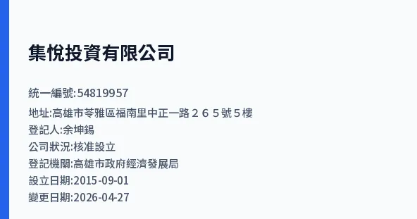 集悅投資有限公司的照片-統編 54819957(高雄市) 公司登記資料與營業項目詳細圖表