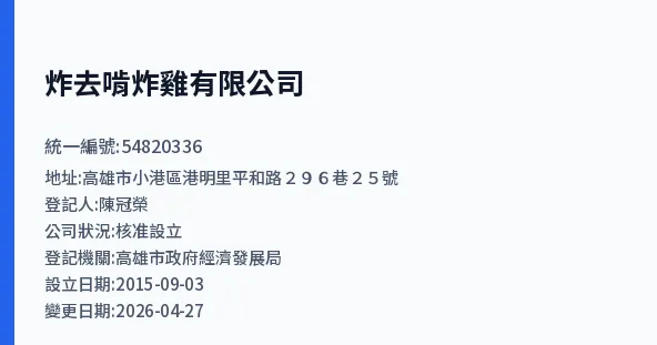 炸去啃炸雞有限公司的照片-統編 54820336(高雄市) 公司登記資料與營業項目詳細圖表