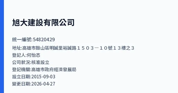 旭大建設有限公司的照片-統編 54820429(高雄市) 公司登記資料與營業項目詳細圖表