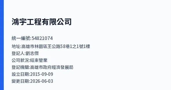 鴻宇工程有限公司的照片-統編 54821074(高雄市) 公司登記資料與營業項目詳細圖表