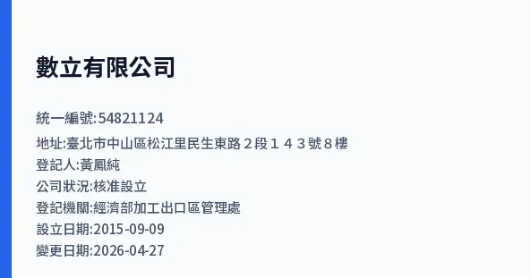 數立有限公司的照片-統編 54821124(臺北市) 公司登記資料與營業項目詳細圖表