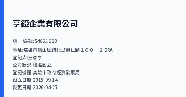 亨錏企業有限公司的照片-統編 54821692(高雄市) 公司登記資料與營業項目詳細圖表