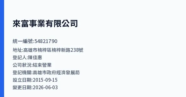 來富事業有限公司的照片-統編 54821790(高雄市) 公司登記資料與營業項目詳細圖表