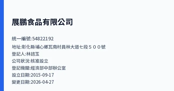 展鵬食品有限公司的照片-統編 54822192(彰化縣) 公司登記資料與營業項目詳細圖表