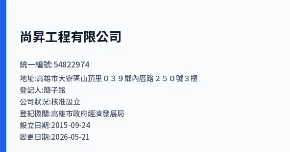 尚昇工程有限公司的照片-統編 54822974(高雄市) 公司登記資料與營業項目詳細圖表