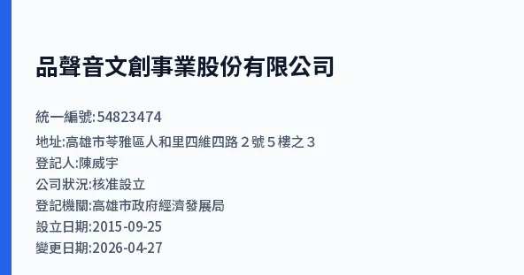 品聲音文創事業股份有限公司的照片-統編 54823474(高雄市) 公司登記資料與營業項目詳細圖表